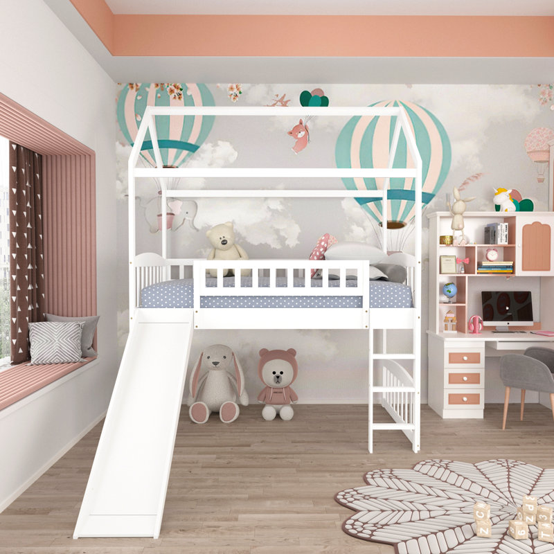 Harper Orchard Soild Wood Twin Loft Bed With Slide Entertainment House Bed With Slide For Kids Wayfair Vanities